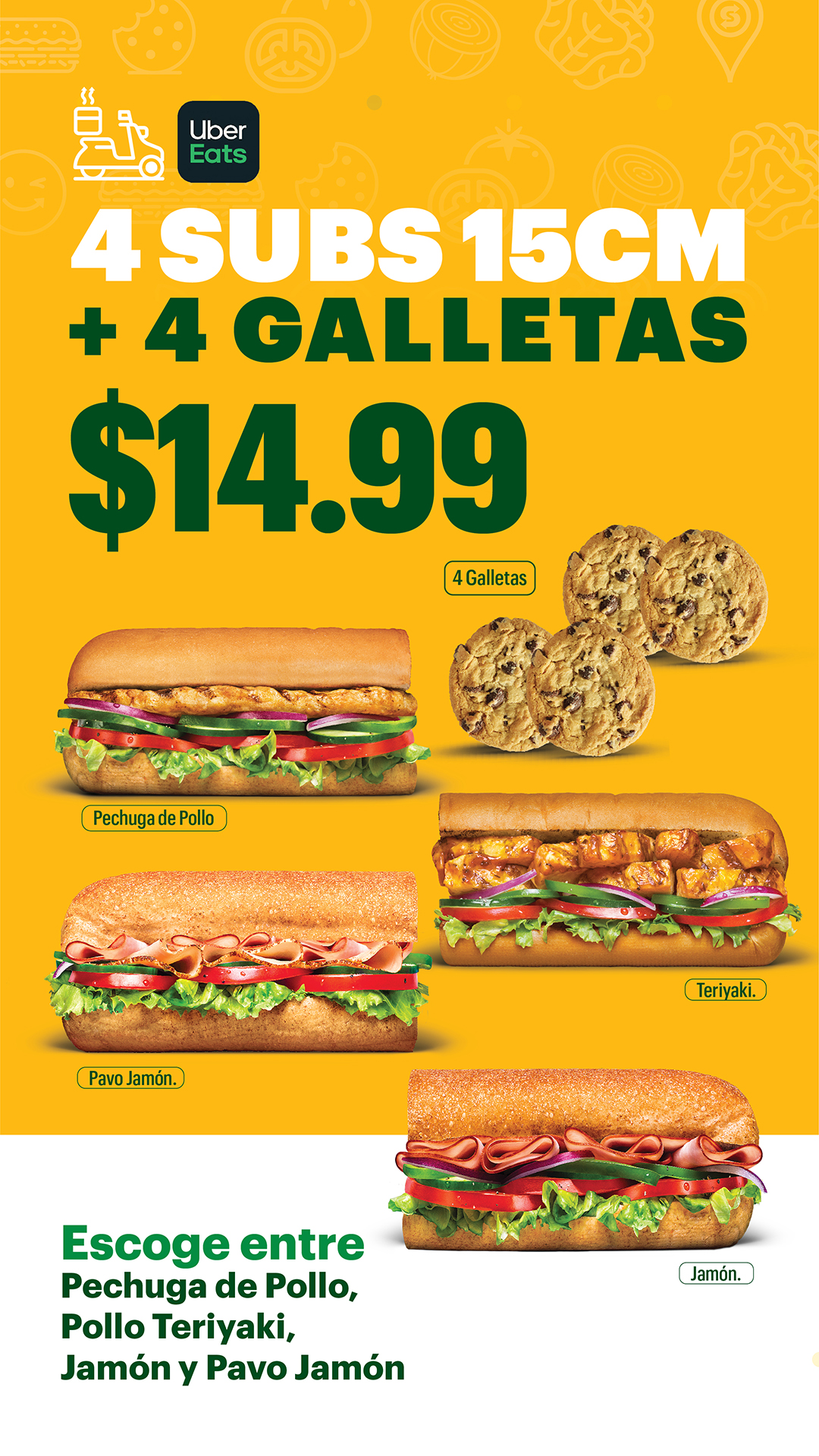 4 subs 15cm + 4 galletas B/.14.99 UBER EATS | Promociones | Subway Panamá