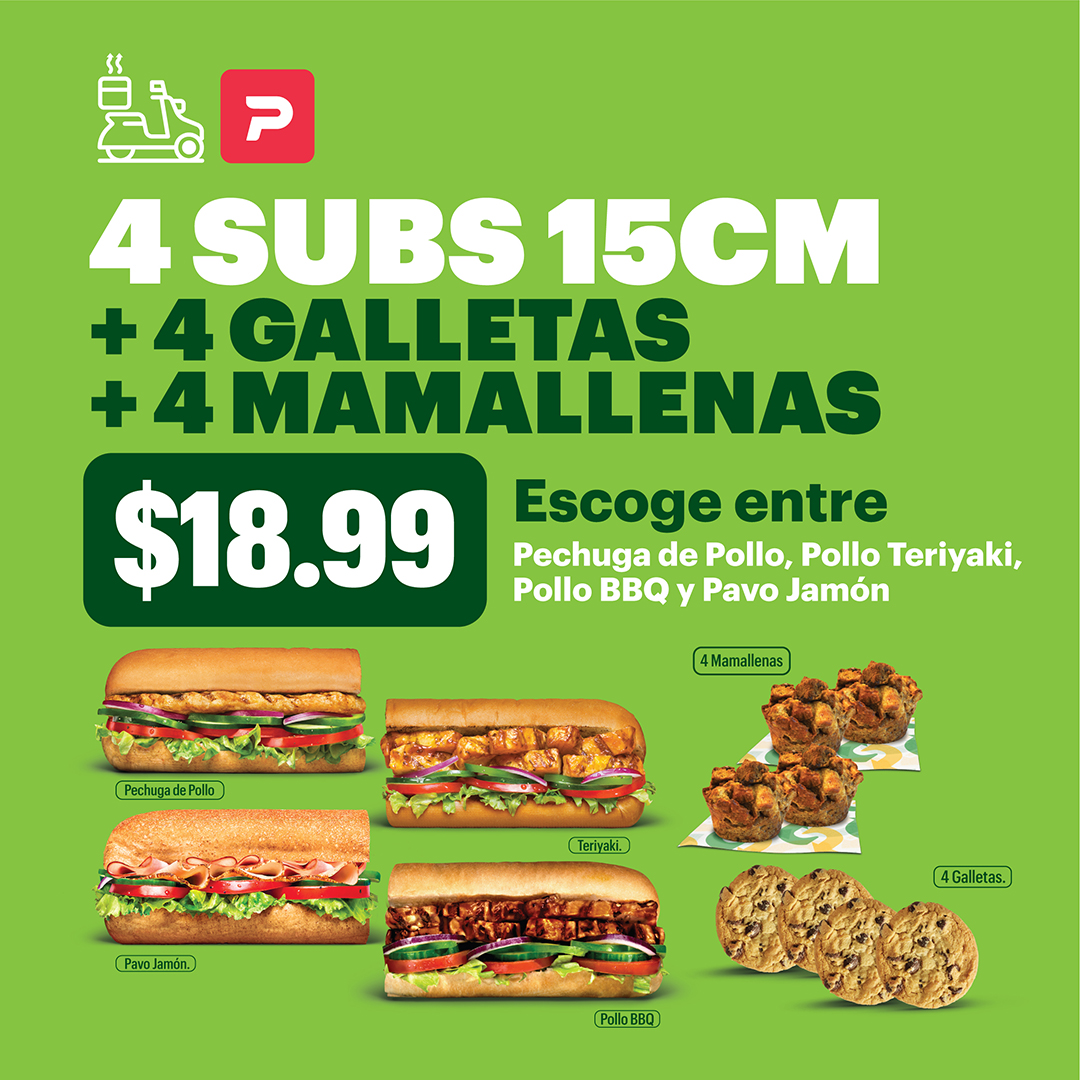4 Subs 15cm + 4 Mamallenas y 4 Galletas | Promociones | Subway Panamá