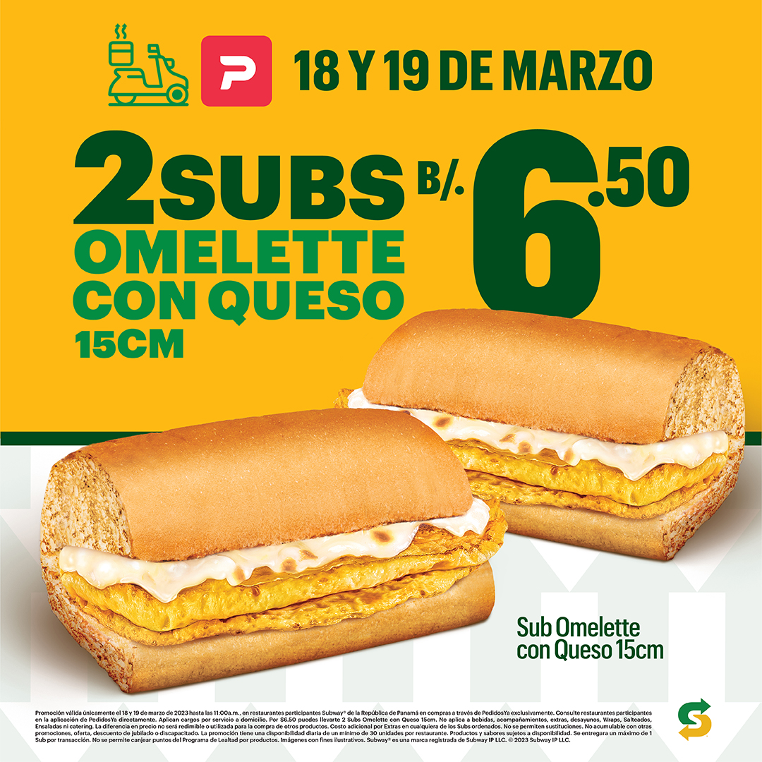 2 Subs Omelette con Queso 15cm $6.50 | Promociones | Subway Panamá