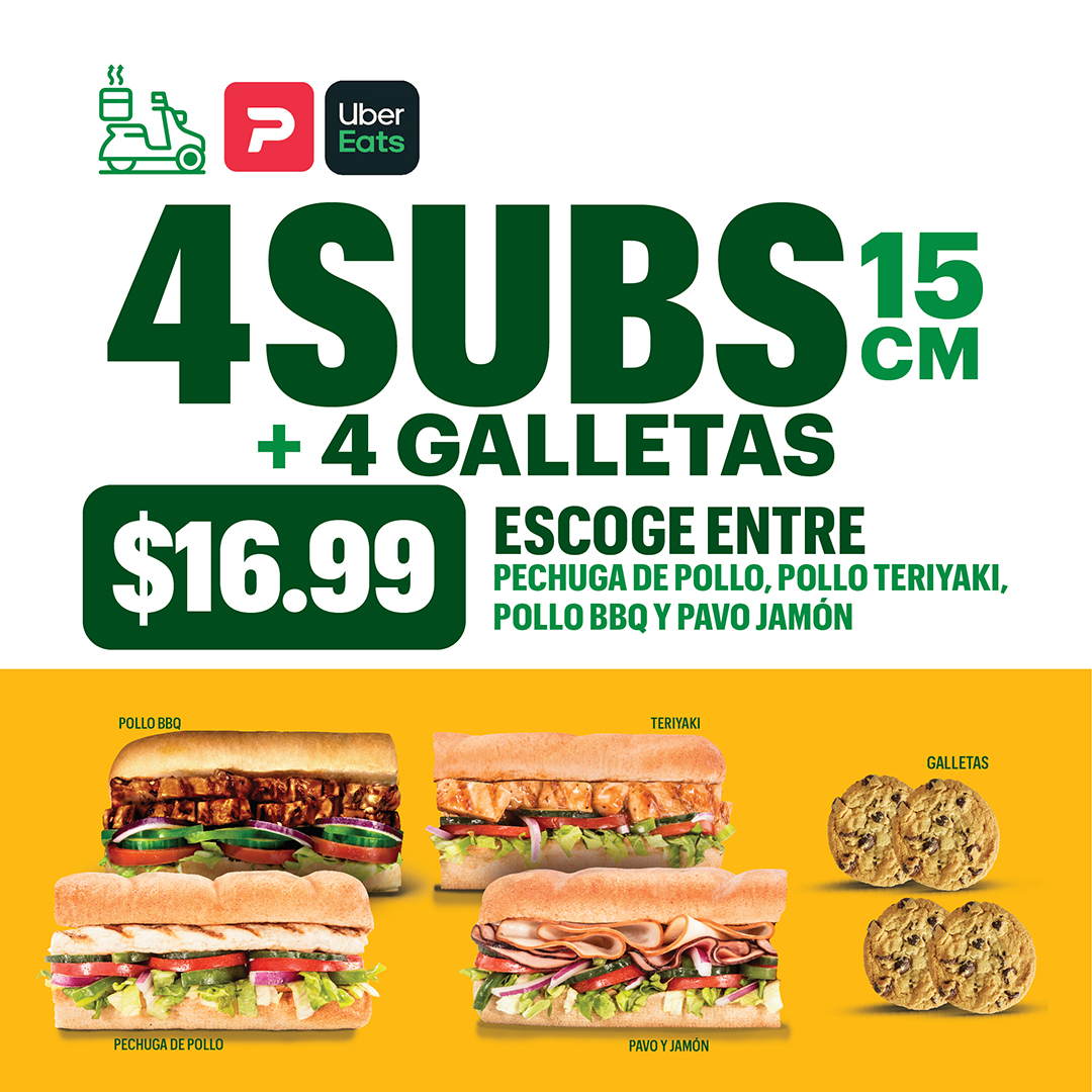 4 Sub 15cm y 4 galletas y $16.99 | Promociones | Subway Panamá