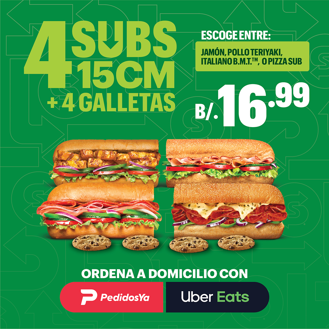 PACK CLÁSICO 4 SUBS 15CM, 4 GALLETAS $16.99 | Promociones | Subway Panamá