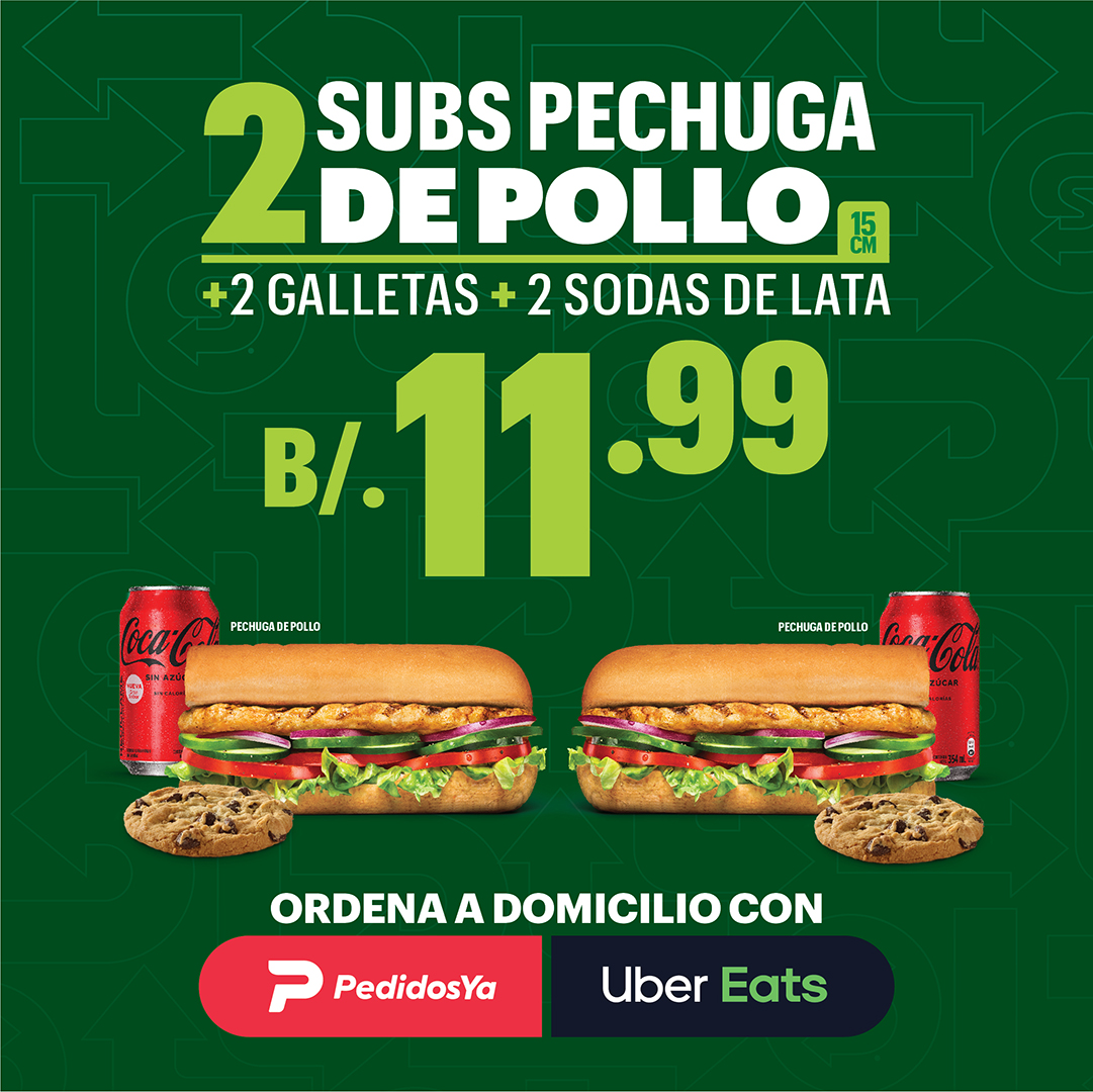 COMBO PARA COMPARTIR 2 SUBS 15CM PECHUGA DE POLLO + 2 GALLETAS + 2 SODA ...