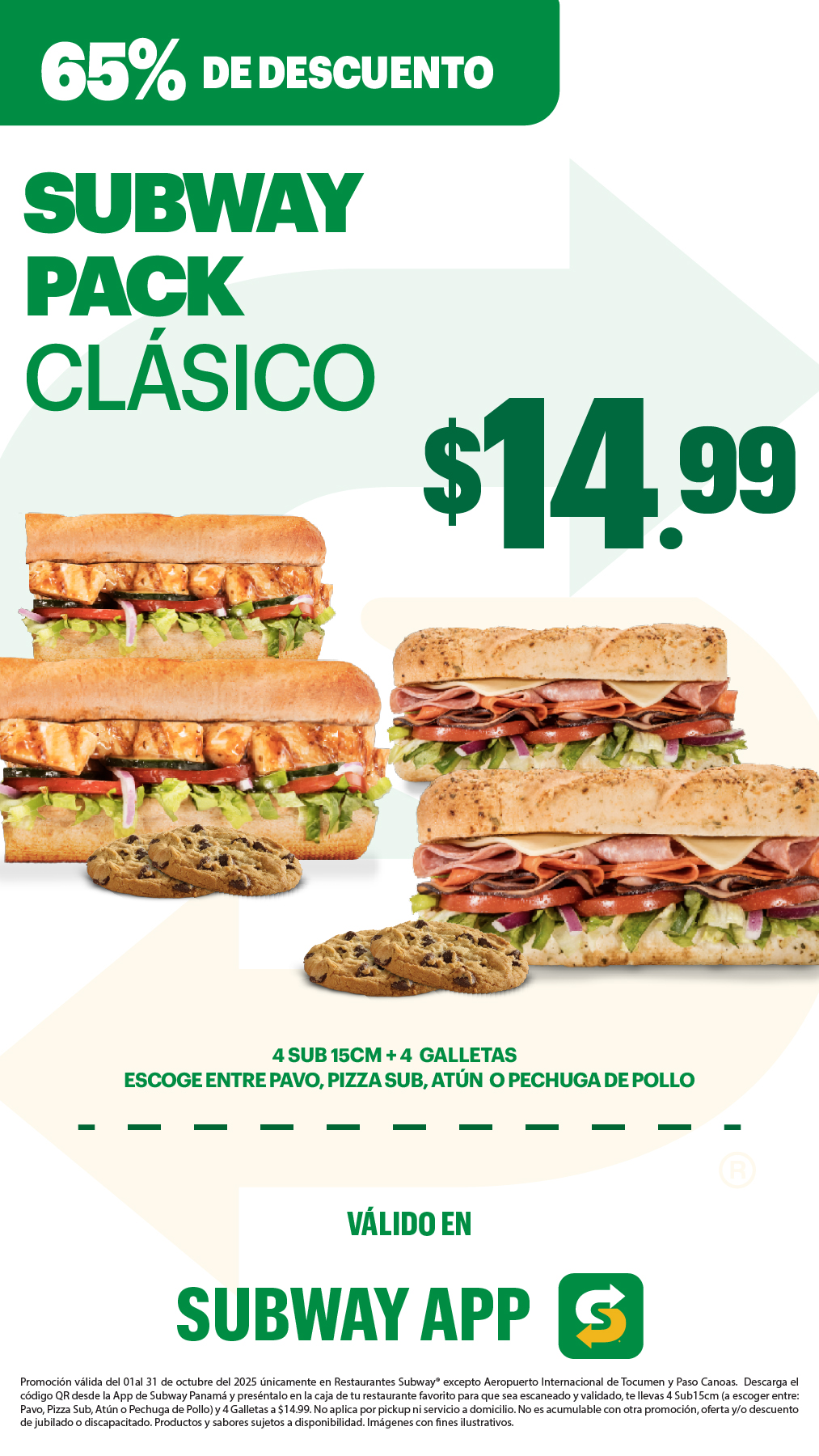 SUBWAY PACK CLÁSICO – 4 SUBS 15CM Y 4 GALLETAS POR $14.99 | Promociones ...